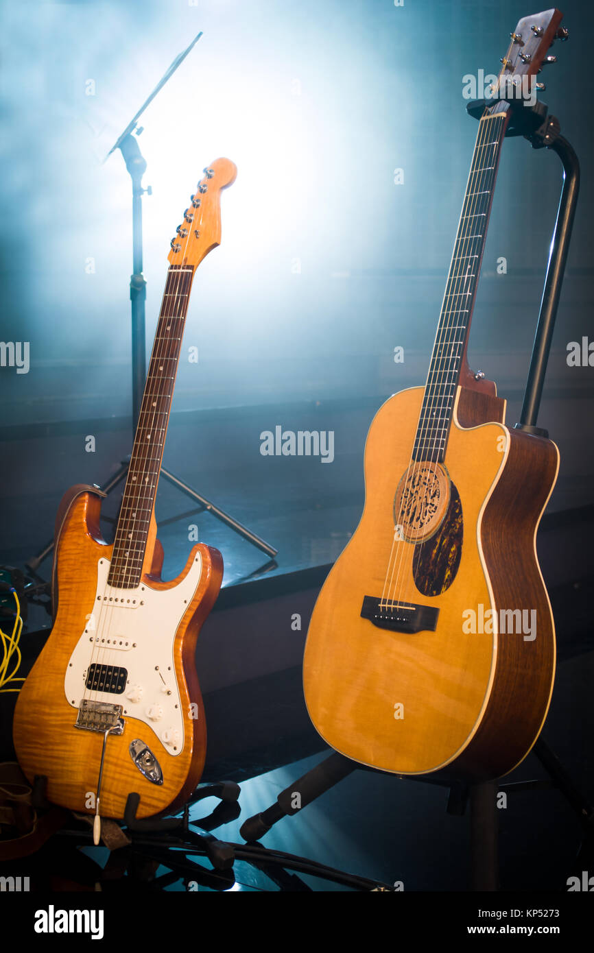 guitars stage composition in a vintage concert hall on light background ...