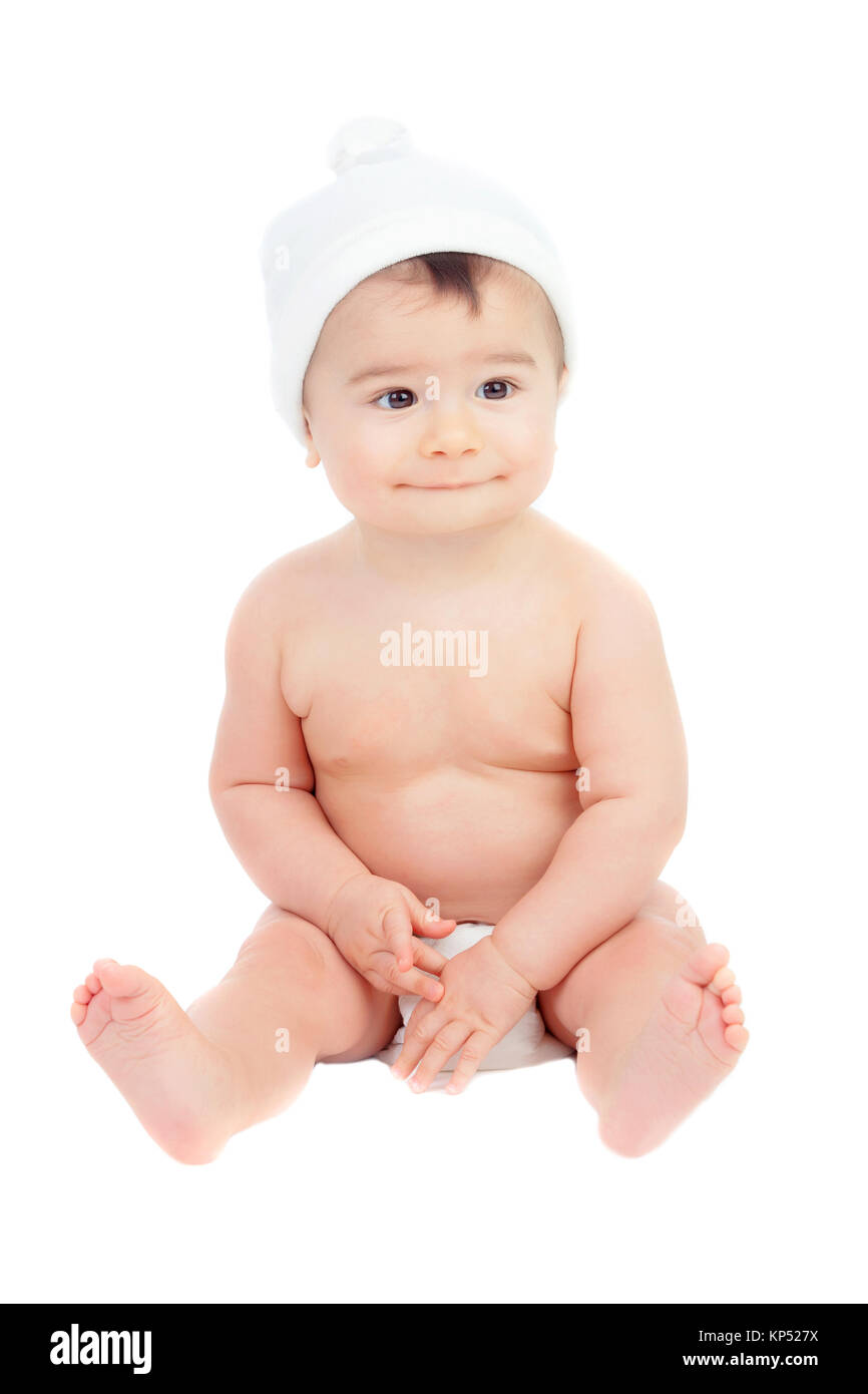 Cute baby in diaper with cap Stock Photo - Alamy