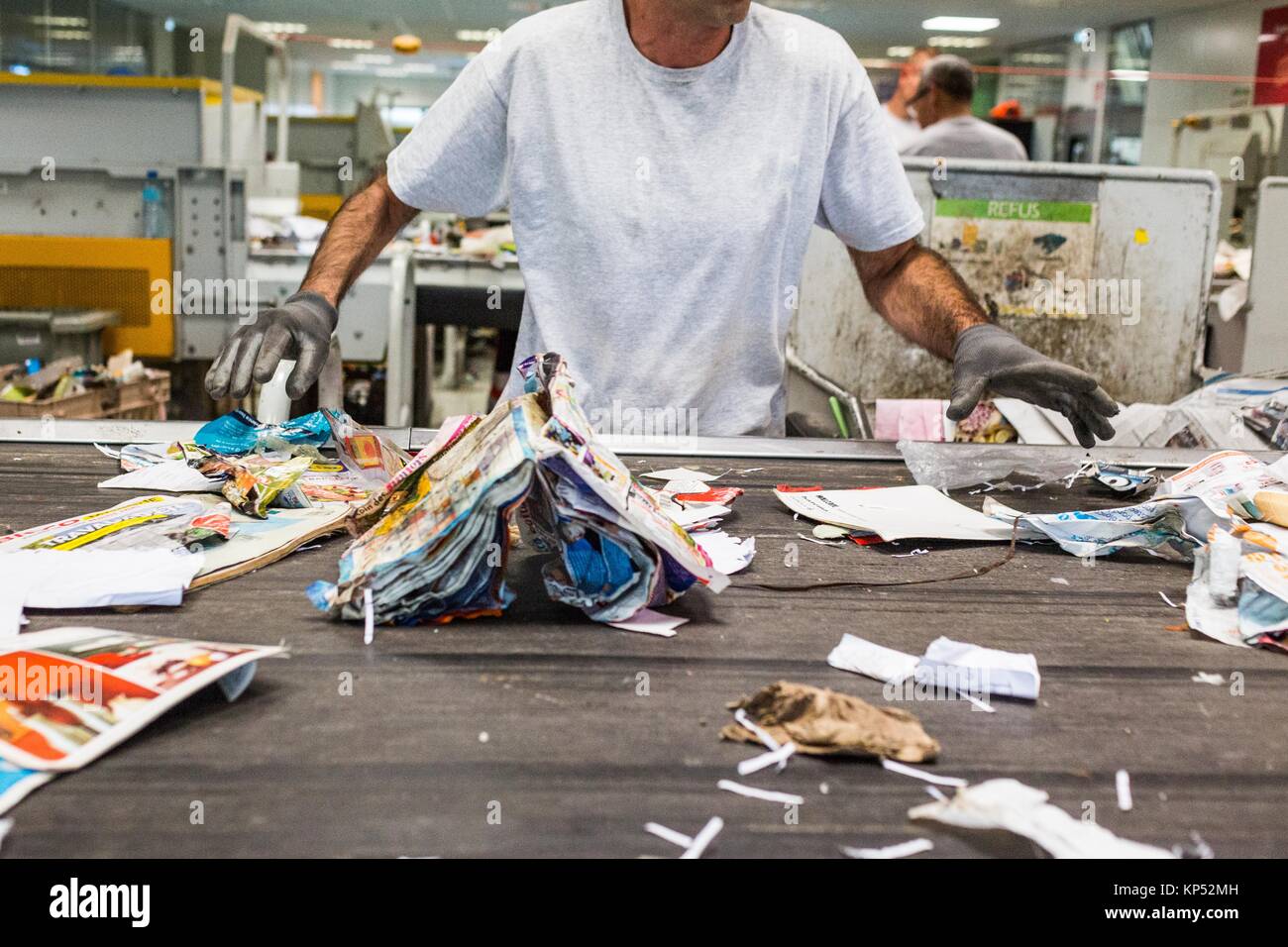 Sorting chain of a recycling site for household waste, France Stock ...