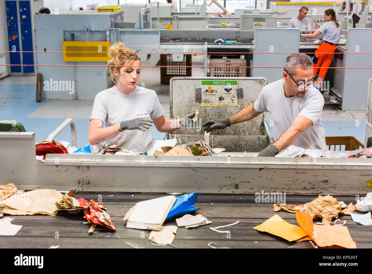 Sorting chain of a recycling site for household waste, France Stock ...