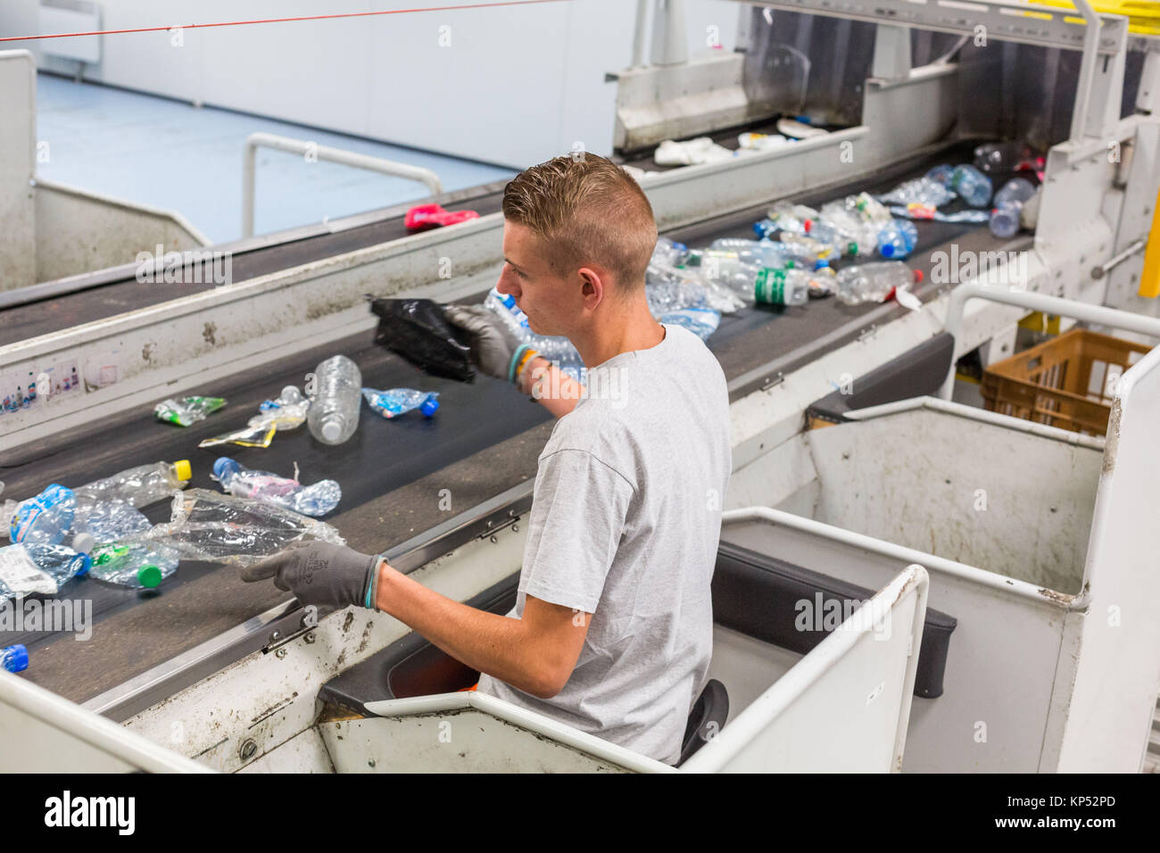 Sorting chain of a recycling site for household waste, France Stock ...