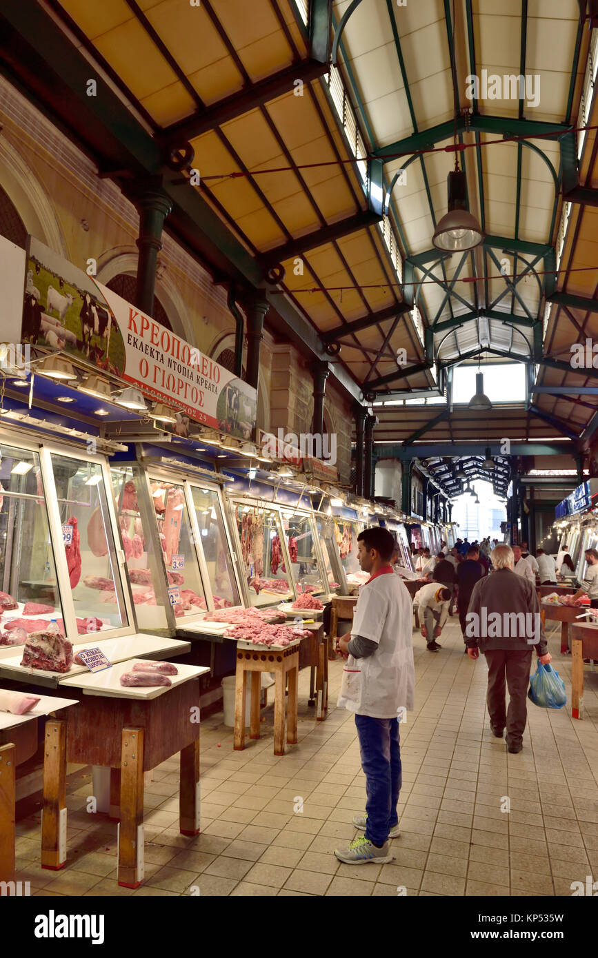 Inside Athens Central Meat Market with display stalls for hygiene ...