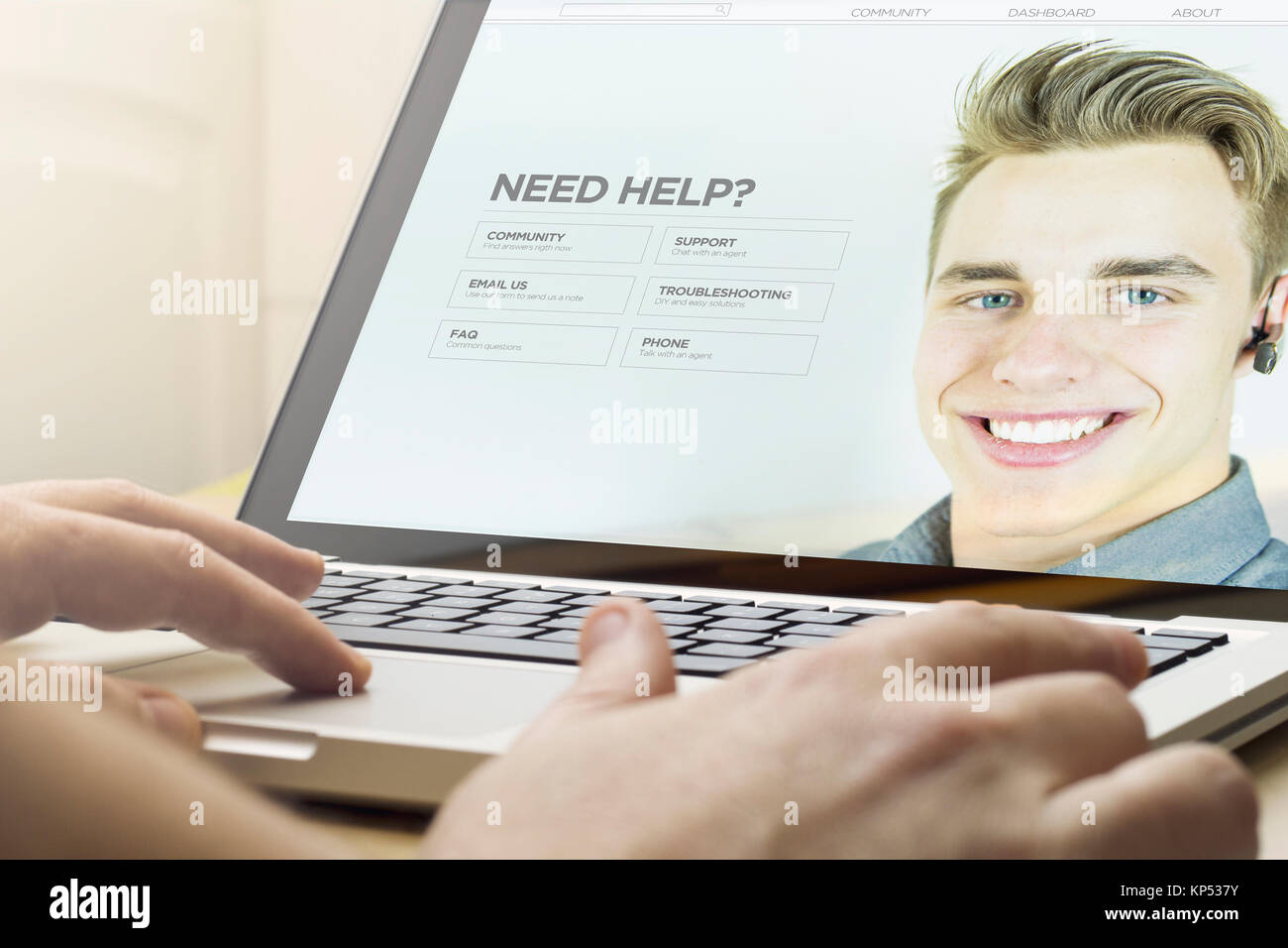 online support concept: man using a laptop with customer service ...