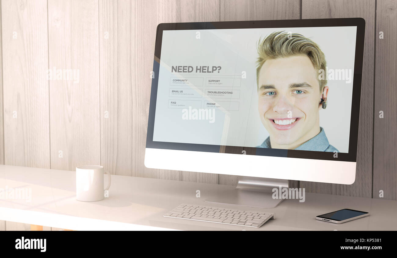 3d rendering workspace with customer support on the screen of computer ...