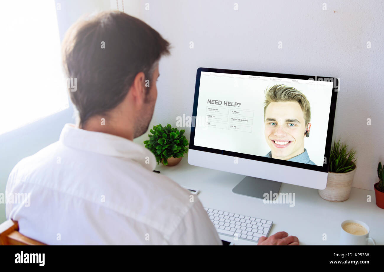 Man contacting customer support on computer Stock Photo - Alamy