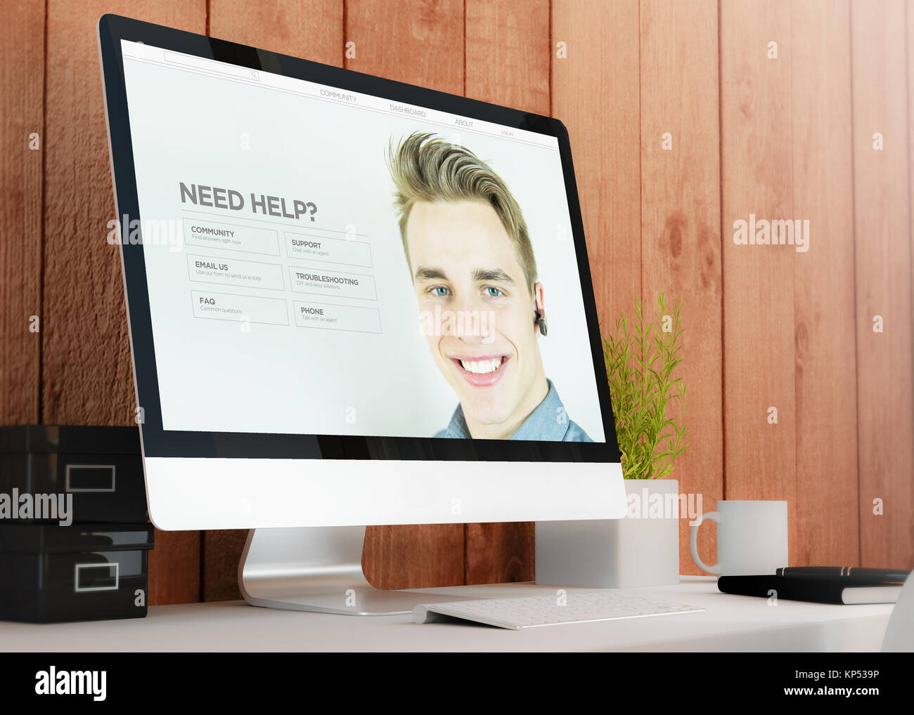 modern wooden workspace with computer customer support. All screen ...
