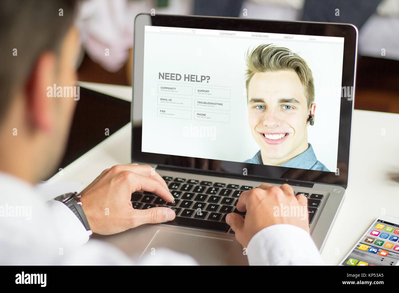 businessman contacting customer support with a laptop, All screen ...