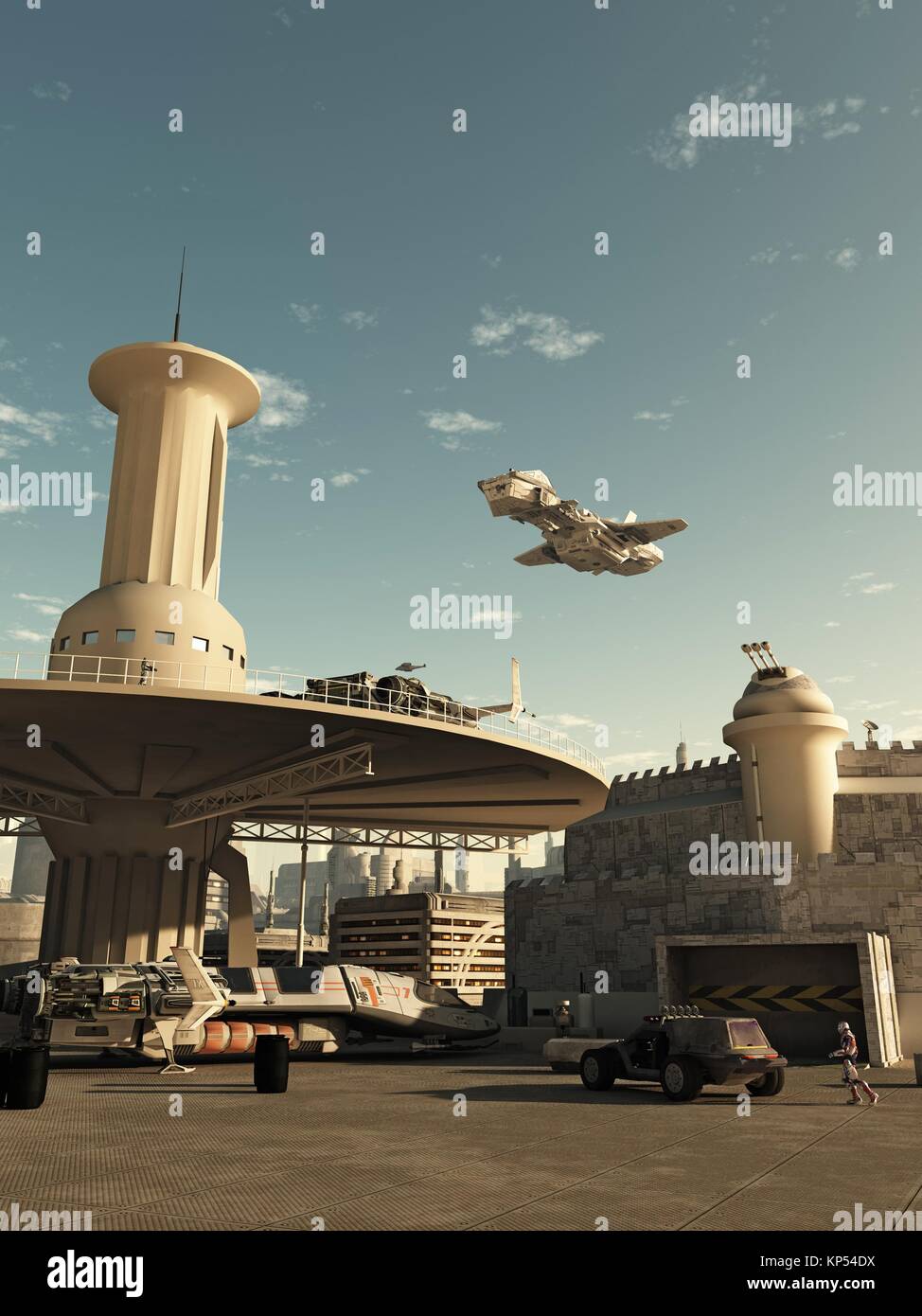 Future City Spaceship Overflight Stock Photo - Alamy