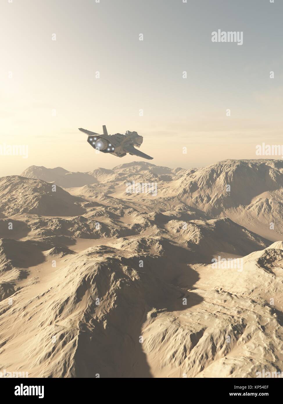 Spaceship Flying Over Mountains on a Desert Planet Stock Photo - Alamy