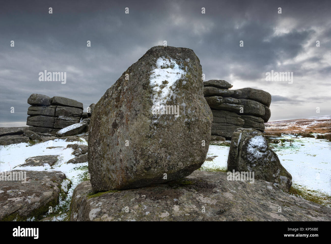 Combestone Tor in the snow on Dartmoor South Devon Stock Photo - Alamy