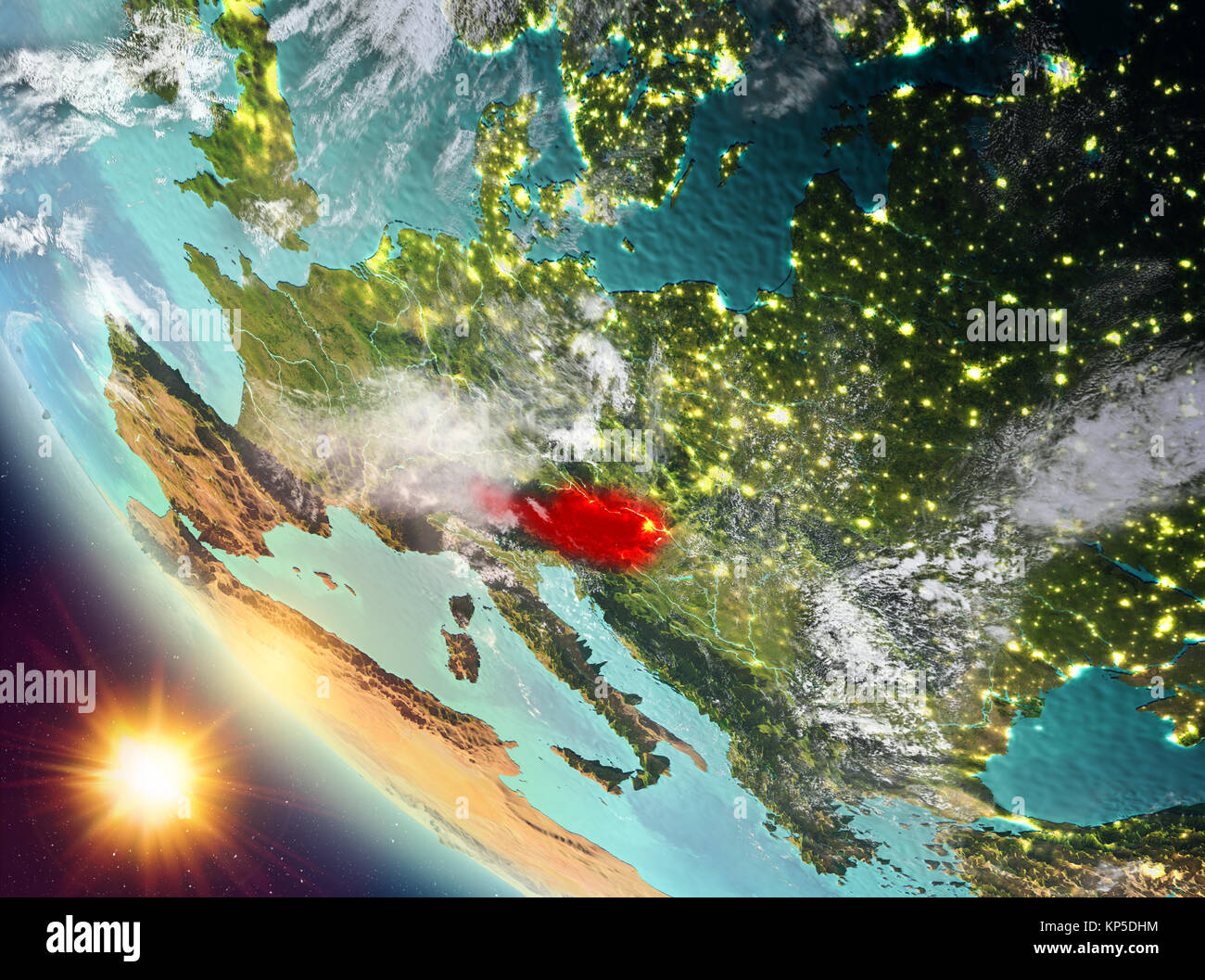 Austria during sunset highlighted in red on planet Earth with clouds. 3D illustration. Elements ...