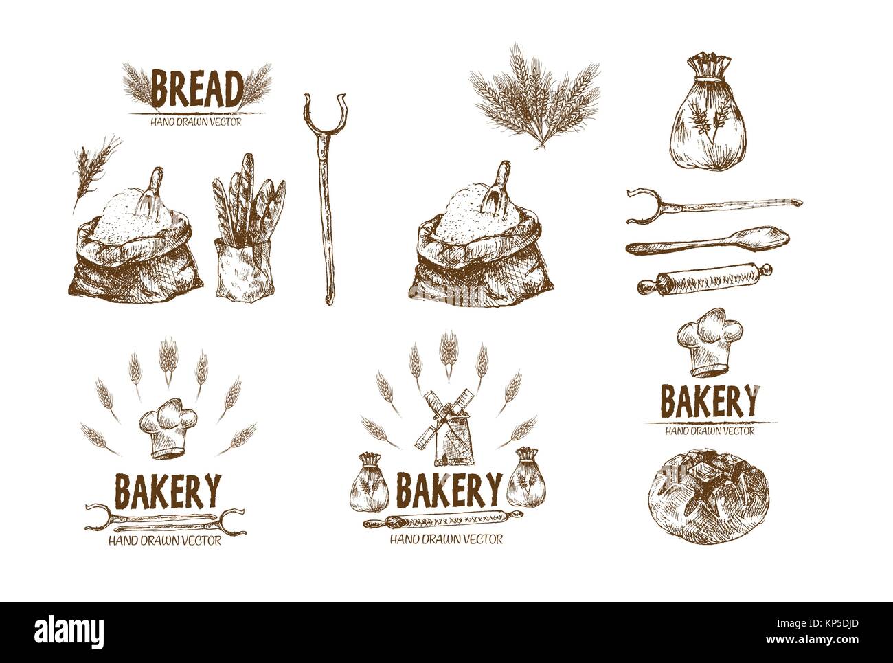Digital vector detailed line art baked bread and dried wheat hand drawn ...