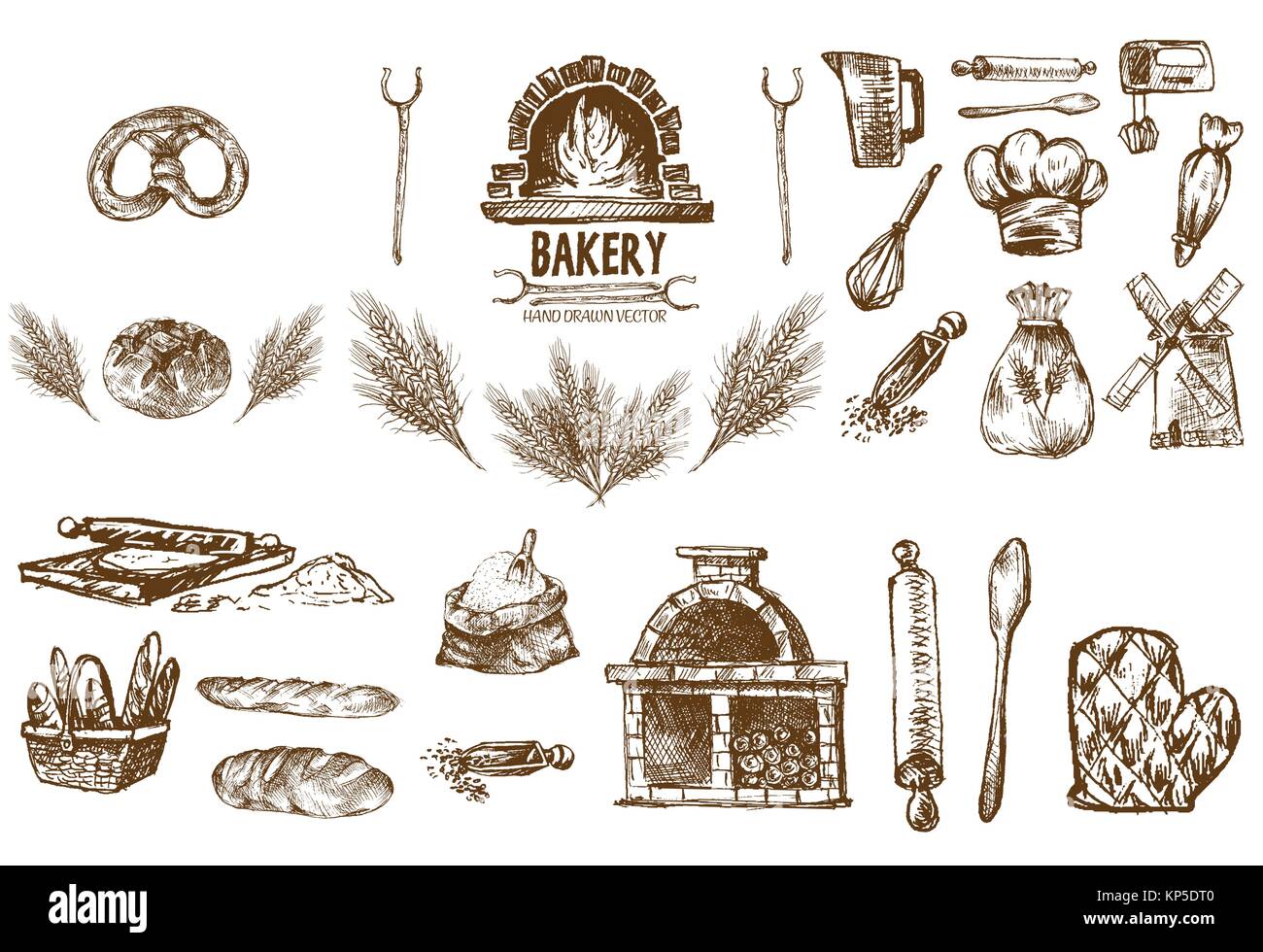Digital vector detailed line art bakery and bread hand drawn retro ...