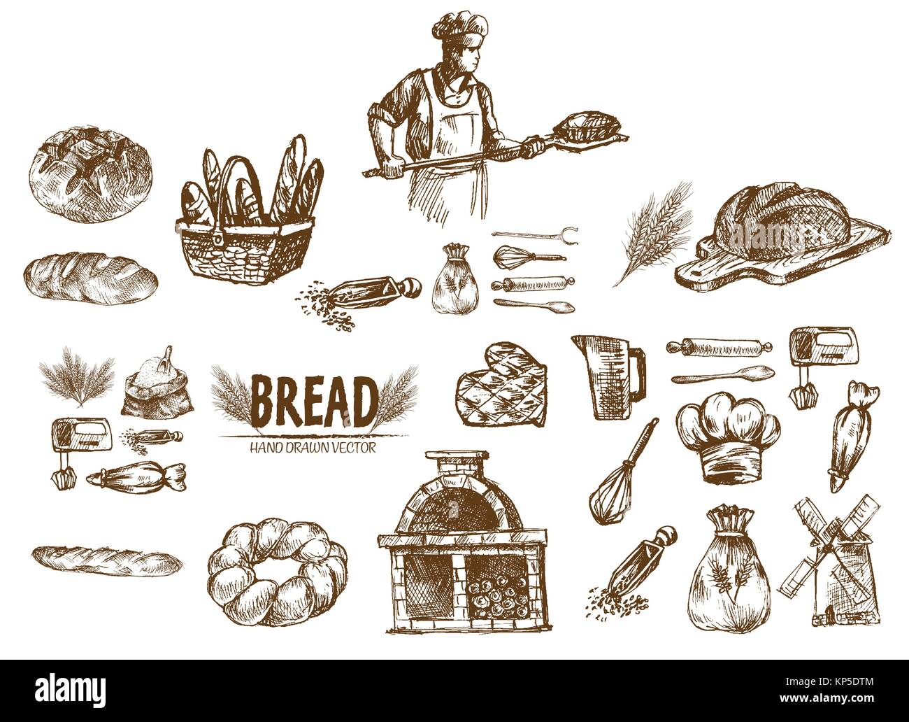 Digital vector detailed line art bakery and bread hand drawn retro ...