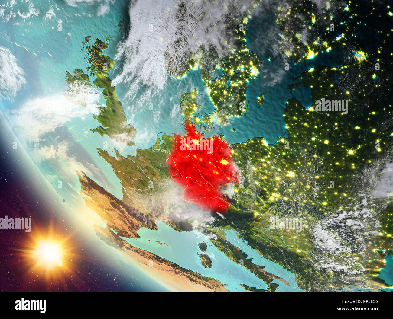 Germany during sunset highlighted in red on planet Earth with clouds ...
