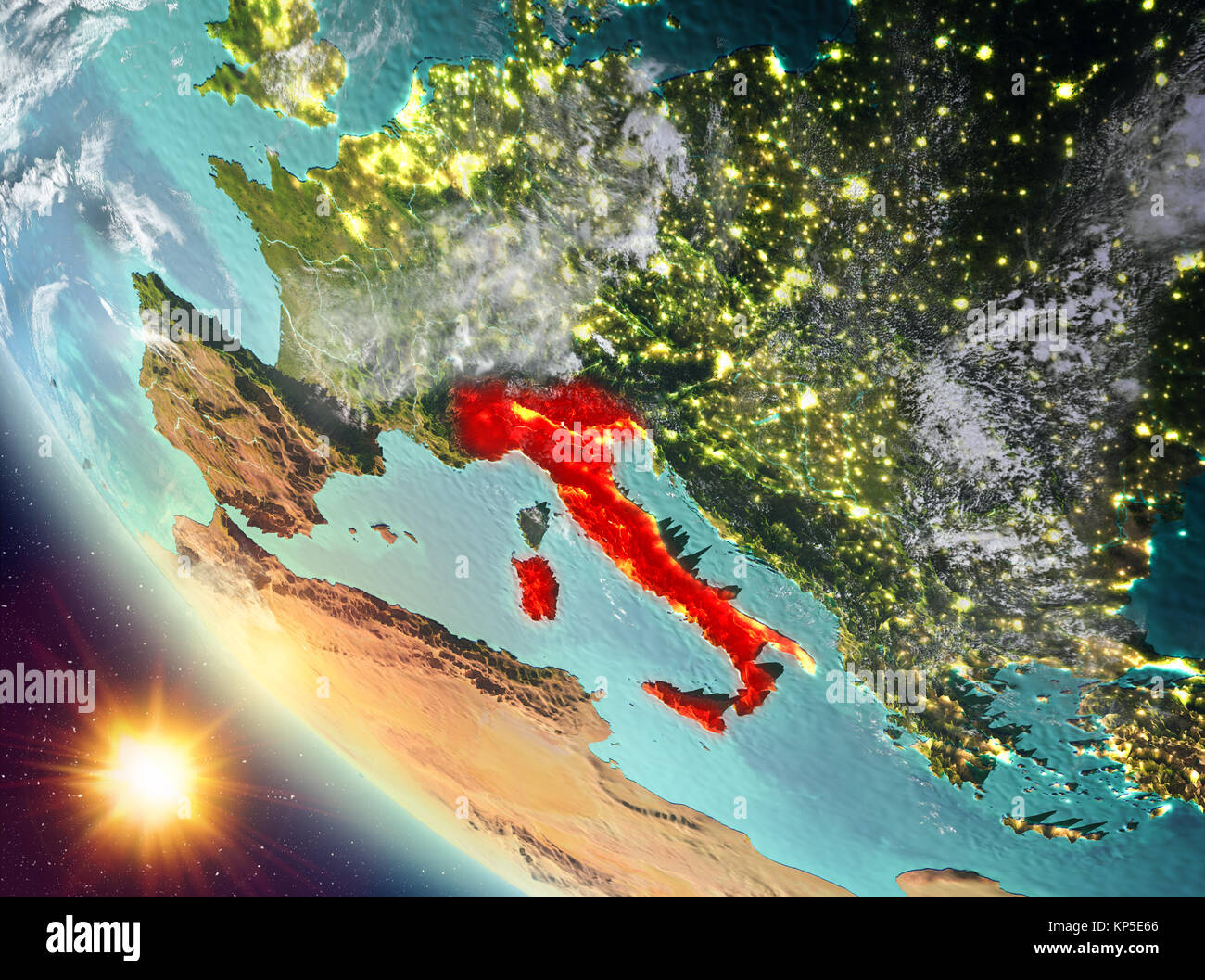 Italy during sunset highlighted in red on planet Earth with clouds. 3D ...