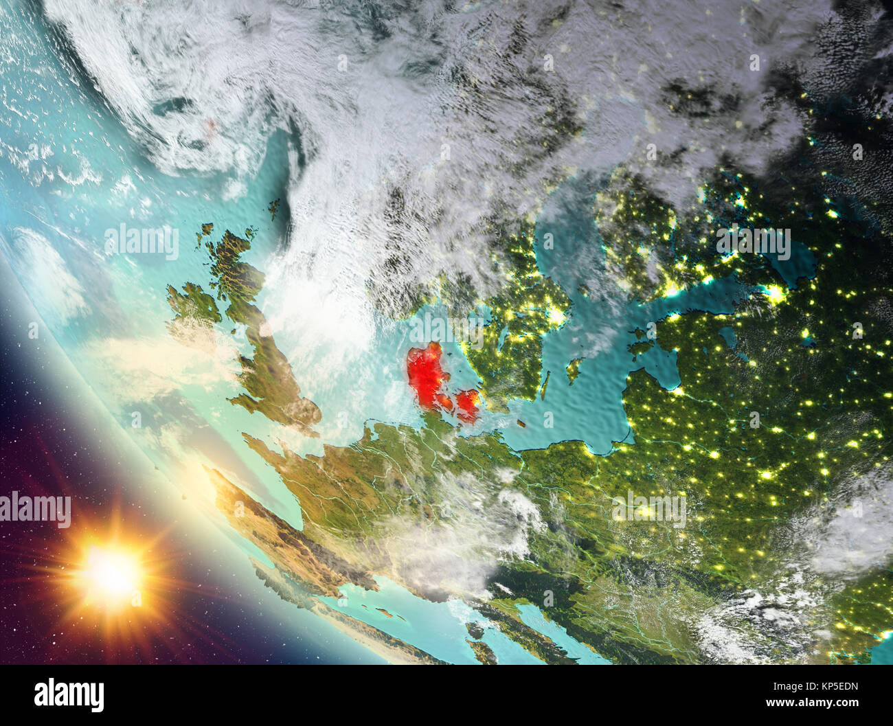 Denmark during sunset highlighted in red on planet Earth with clouds. 3D illustration. Elements ...