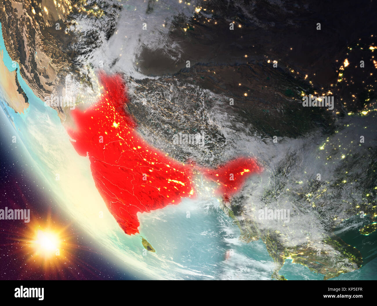 India during sunset highlighted in red on planet Earth with clouds. 3D ...