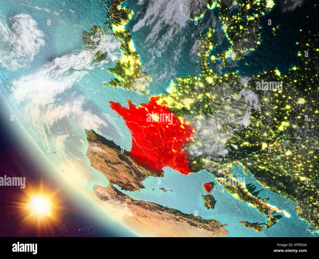 France during sunset highlighted in red on planet Earth with clouds. 3D ...