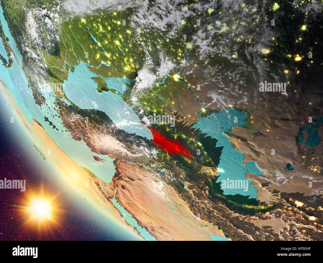 Georgia during sunset highlighted in red on planet Earth with clouds ...