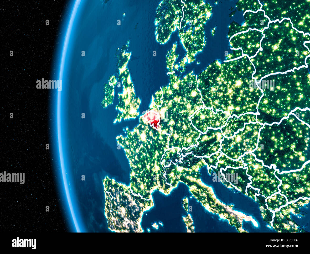 Space orbit view of Belgium highlighted in red on planet Earth at night with visible country ...