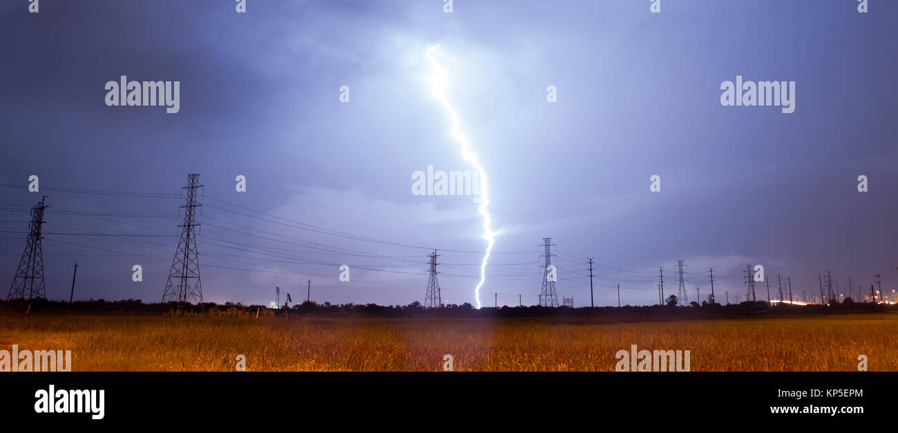 Electrical Storm Thunderstorm Lightning over Power Lines South Texas ...