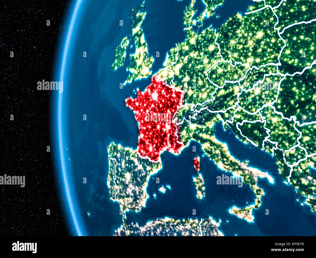 Space orbit view of France highlighted in red on planet Earth at night ...