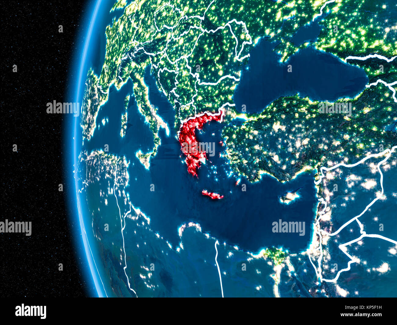 Space orbit view of Greece highlighted in red on planet Earth at night ...