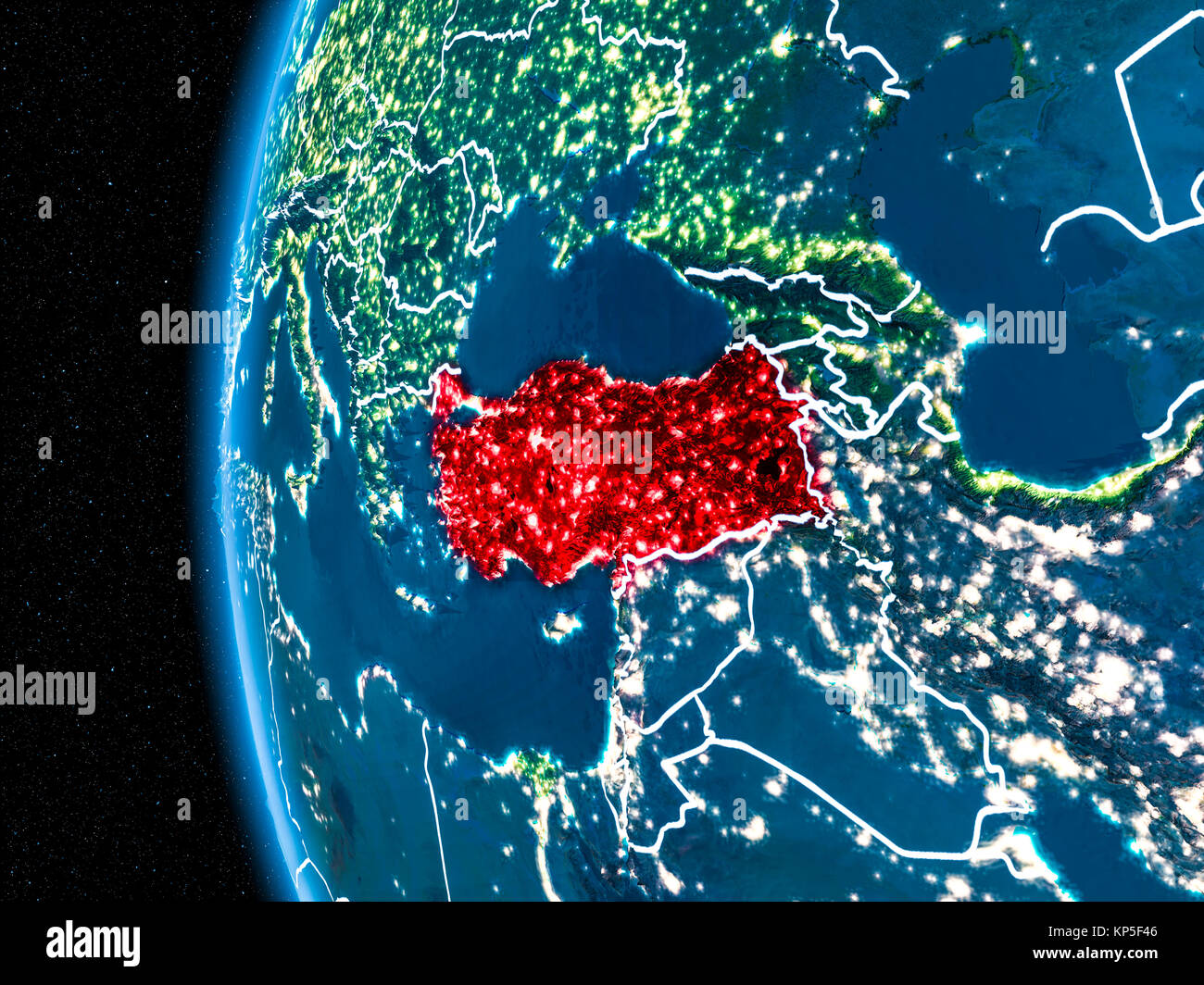 Space orbit view of Turkey highlighted in red on planet Earth at night ...