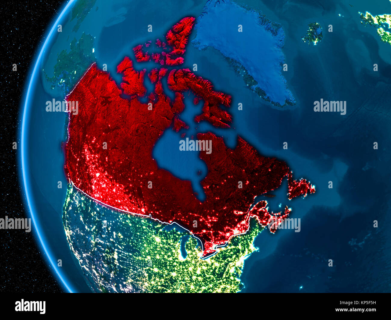 Space orbit view of Canada highlighted in red on planet Earth at night ...