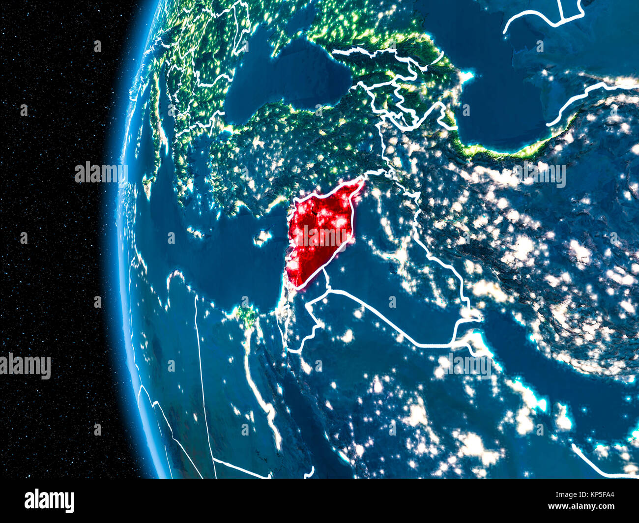 Space orbit view of Syria highlighted in red on planet Earth at night ...