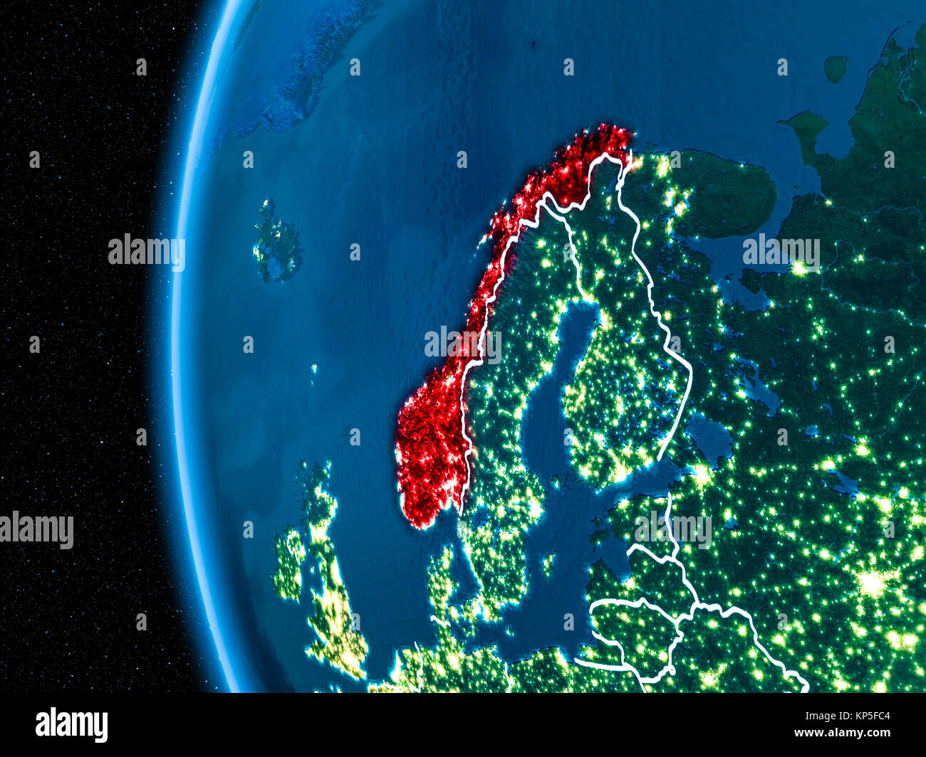 Space orbit view of Norway highlighted in red on planet Earth at night with visible country ...