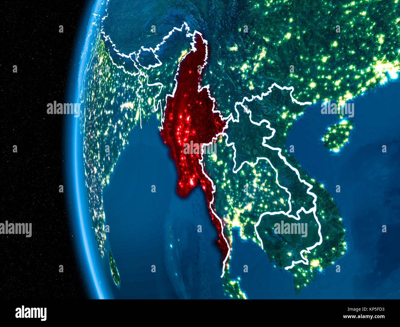 Space orbit view of Myanmar highlighted in red on planet Earth at night ...