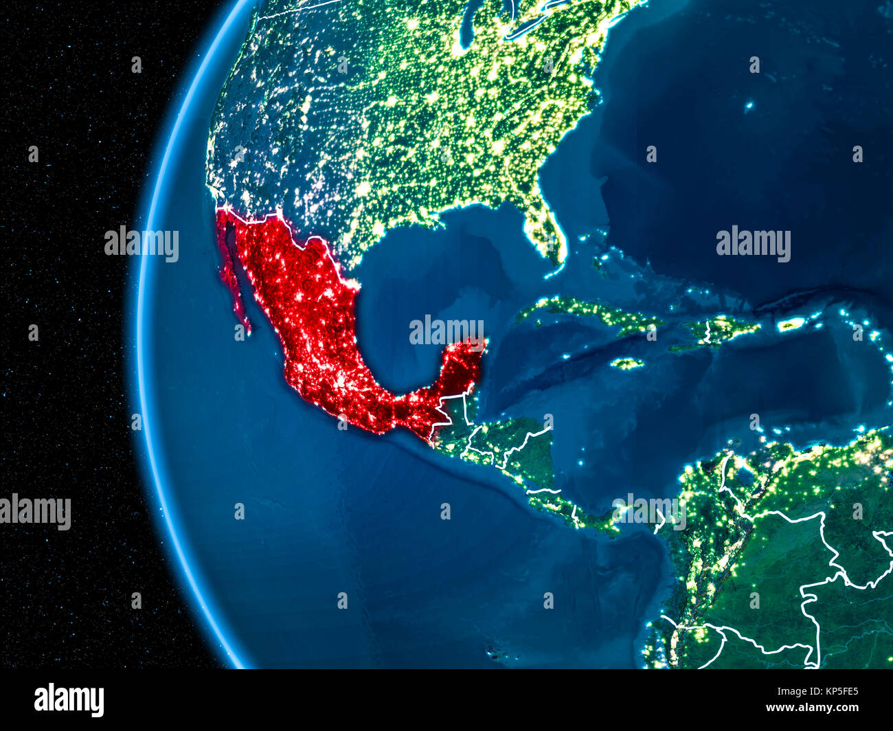 Space orbit view of Mexico highlighted in red on planet Earth at night ...