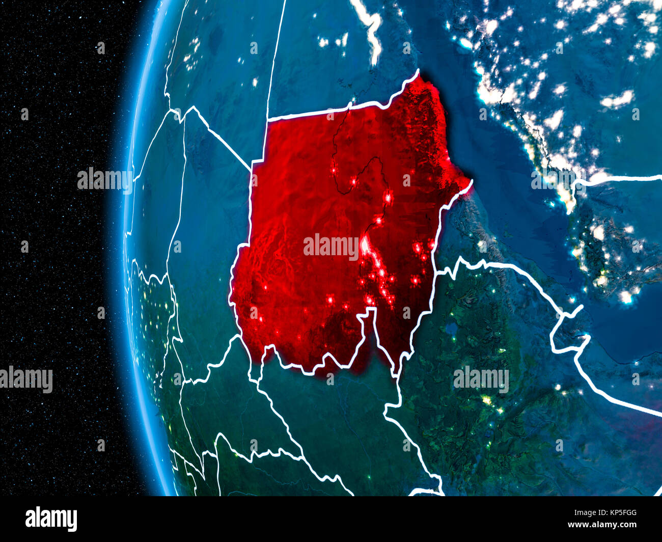 Space orbit view of Sudan highlighted in red on planet Earth at night with visible country ...