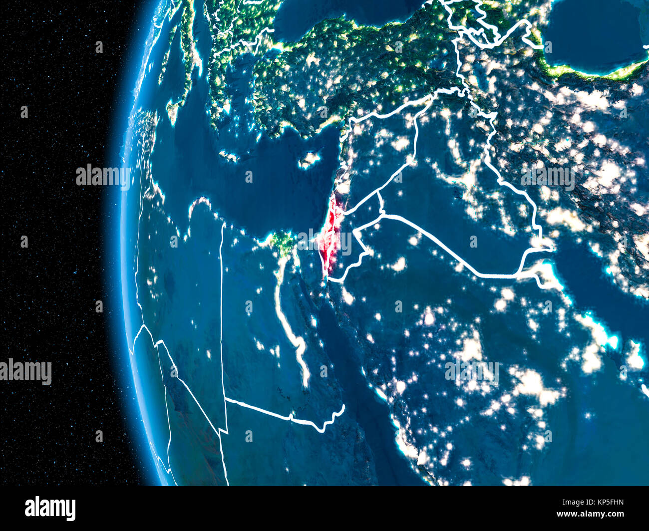 Space orbit view of Israel highlighted in red on planet Earth at night ...