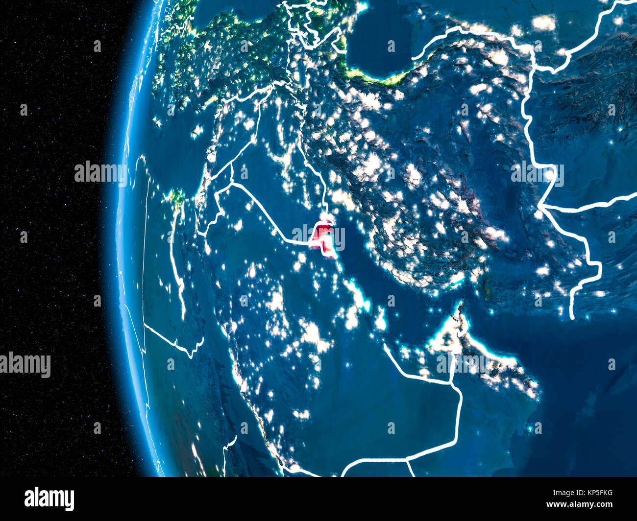 Space orbit view of Kuwait highlighted in red on planet Earth at night with visible country ...