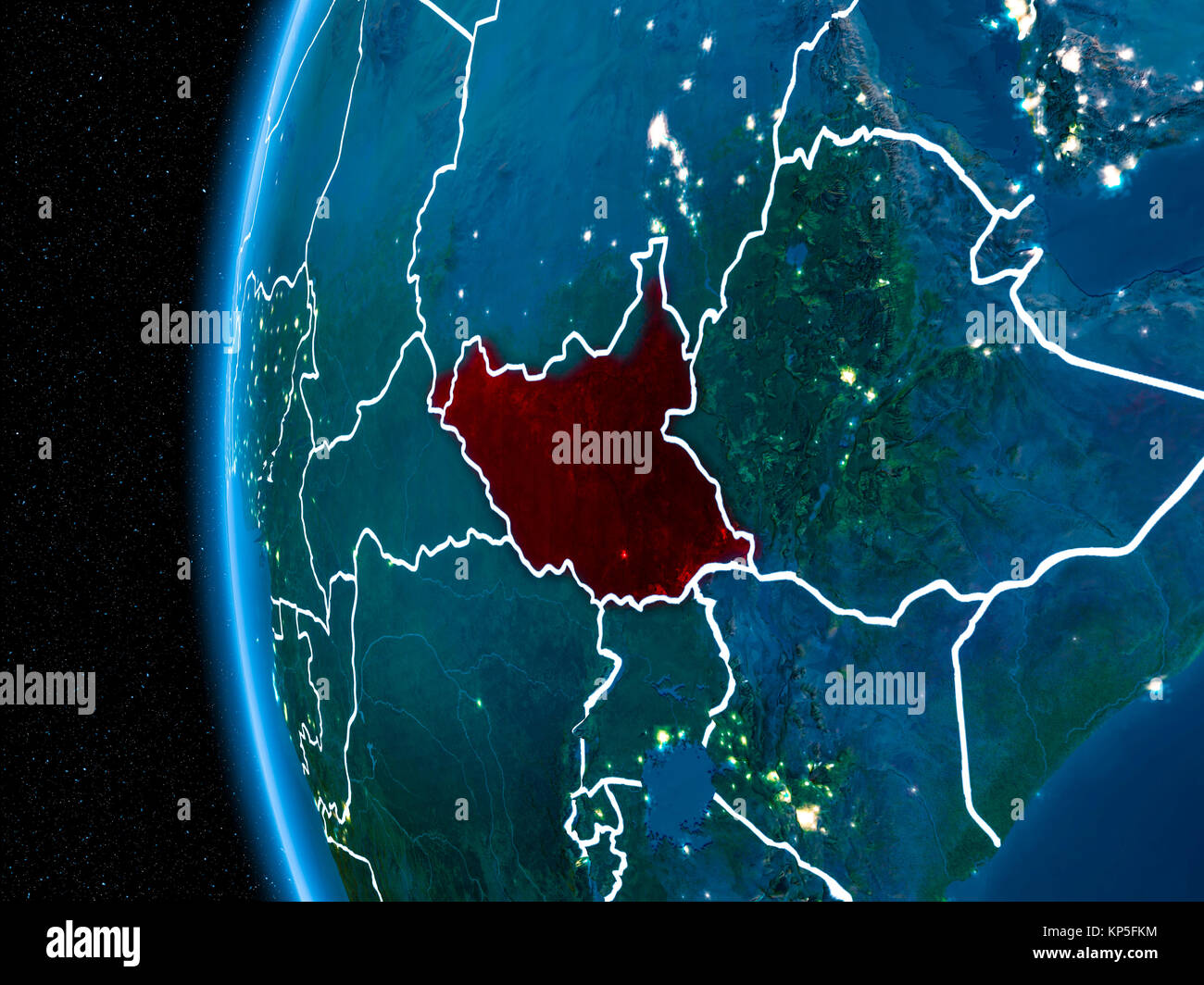 Space orbit view of South Sudan highlighted in red on planet Earth at night with visible country ...