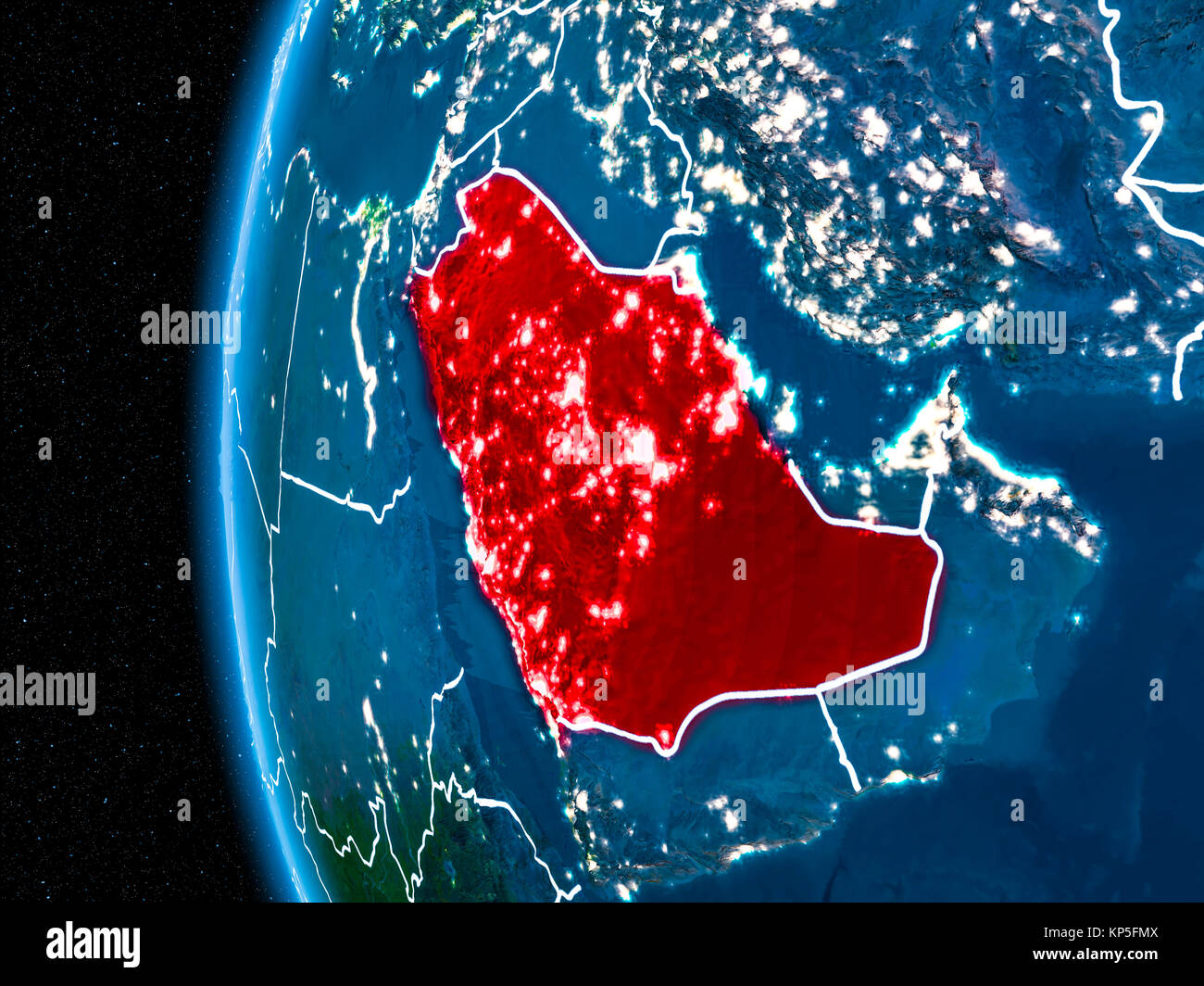 Space orbit view of Saudi Arabia highlighted in red on planet Earth at night with visible ...