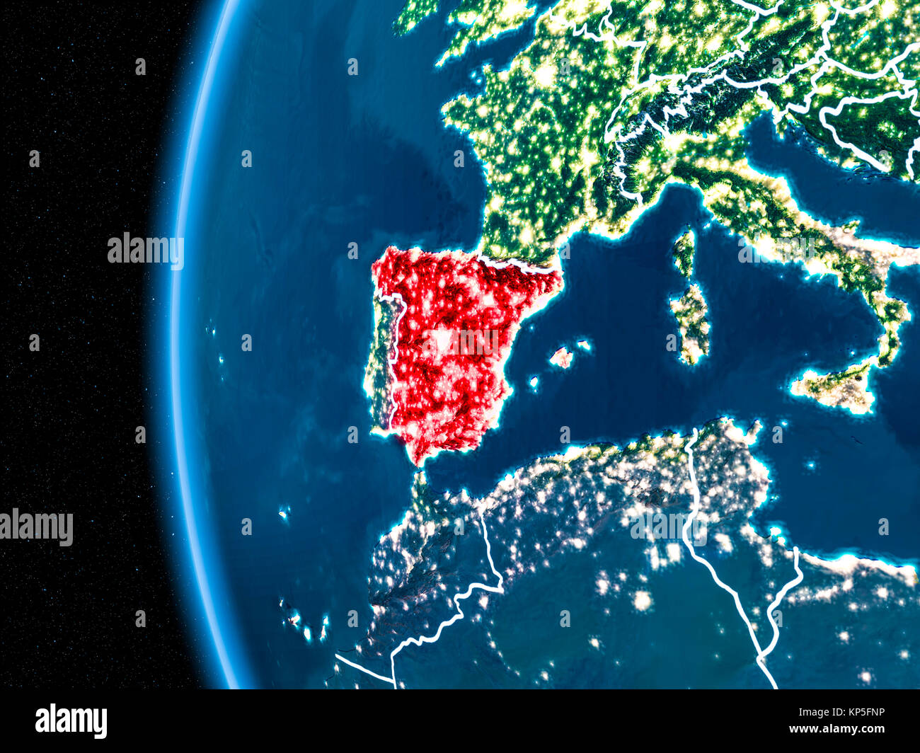 Space orbit view of Spain highlighted in red on planet Earth at night ...