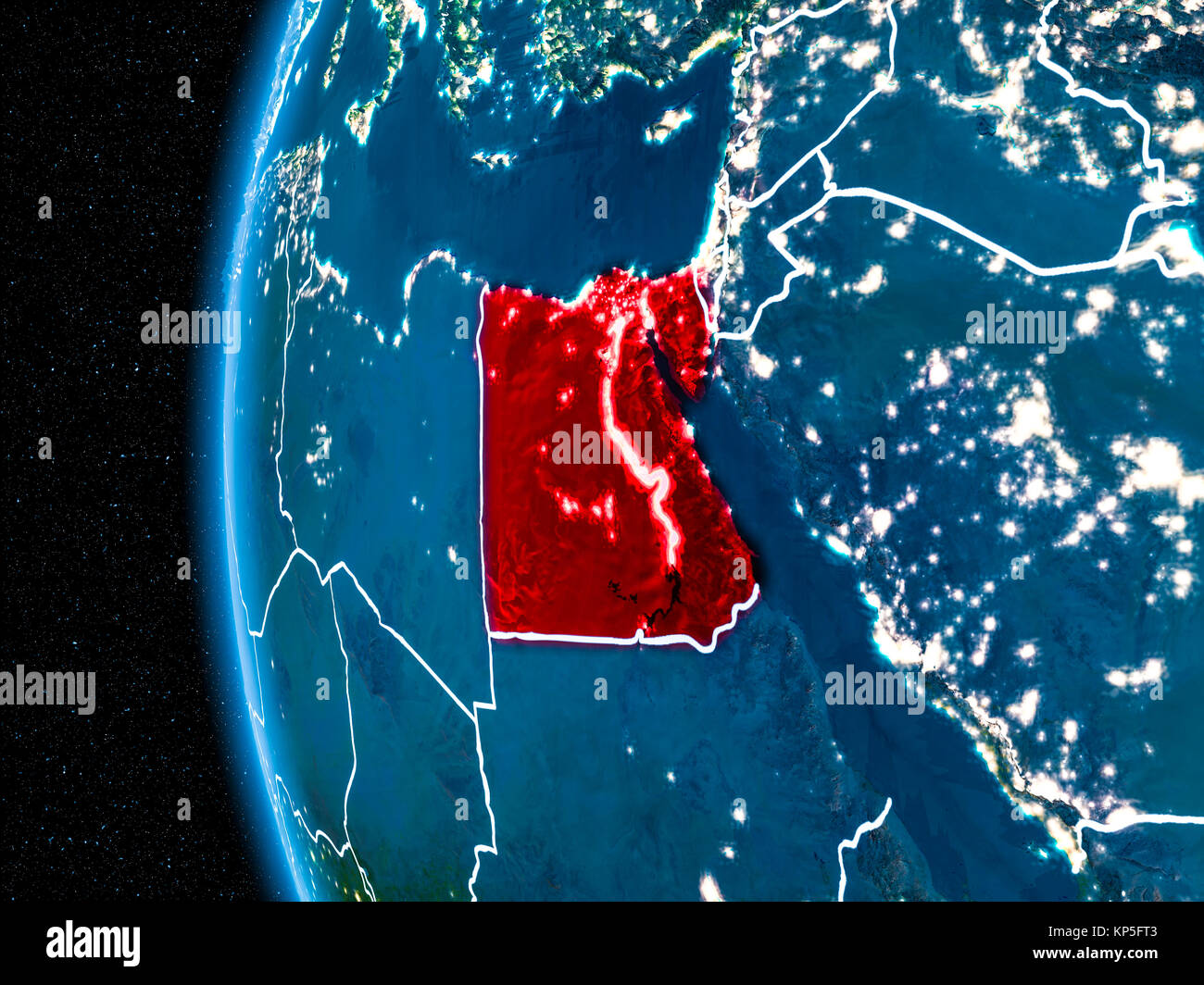 Space orbit view of Egypt highlighted in red on planet Earth at night ...