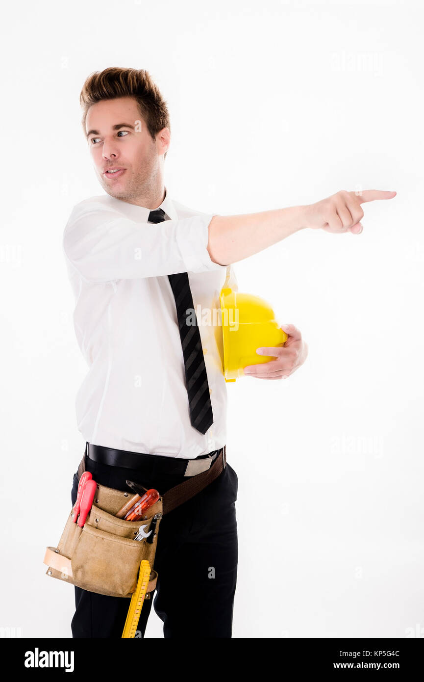 Bauherr zeigt mit Finger - building contractor Stock Photo - Alamy