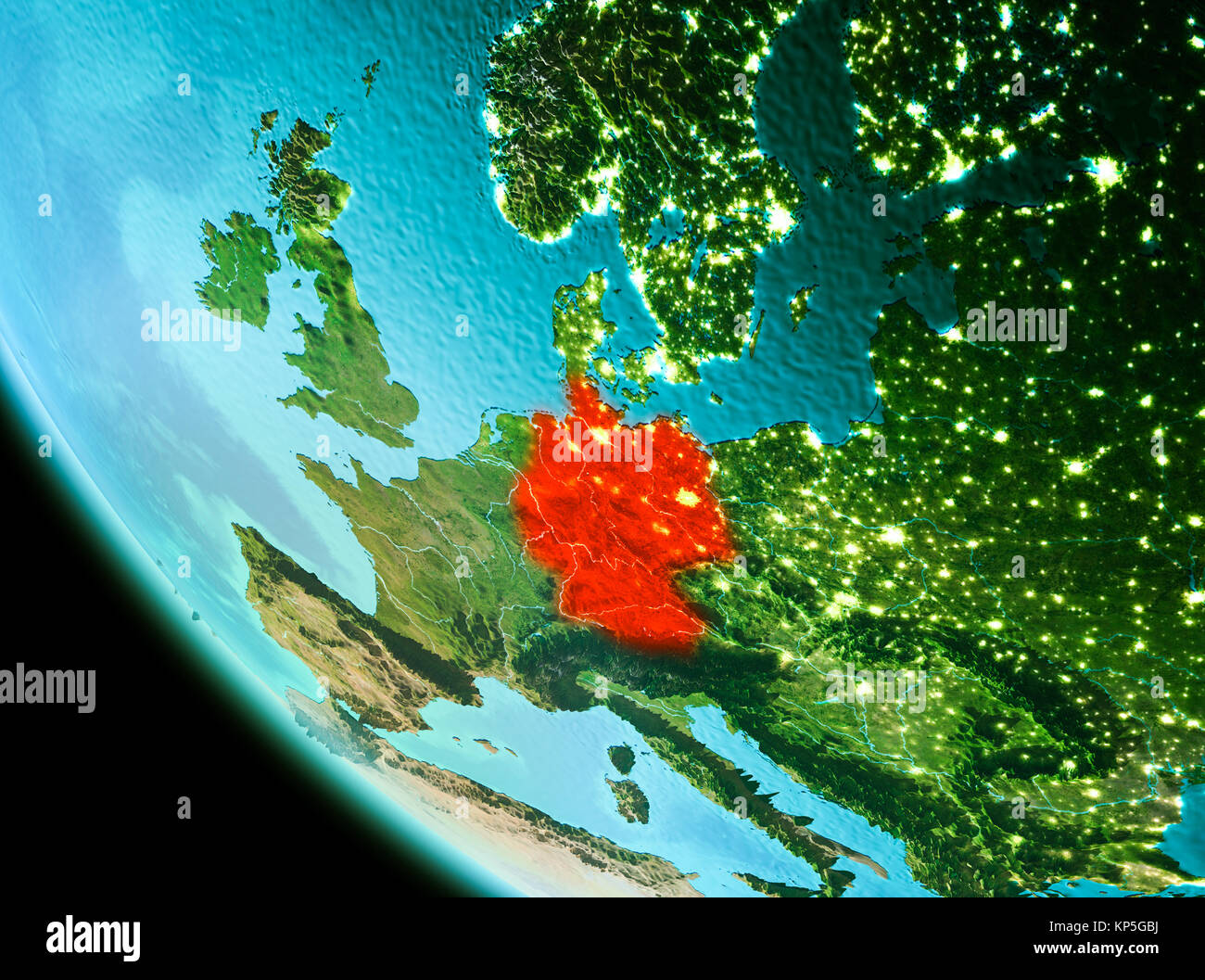 Country of Germany in red on planet Earth in the evening. 3D ...