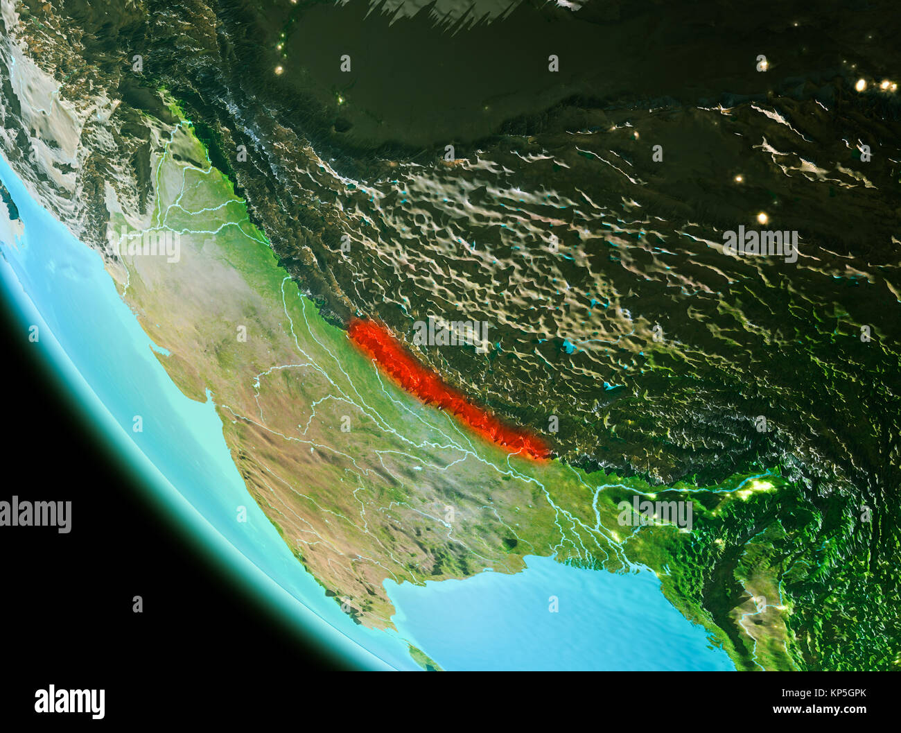 Country of Nepal in red on planet Earth in the evening. 3D illustration ...