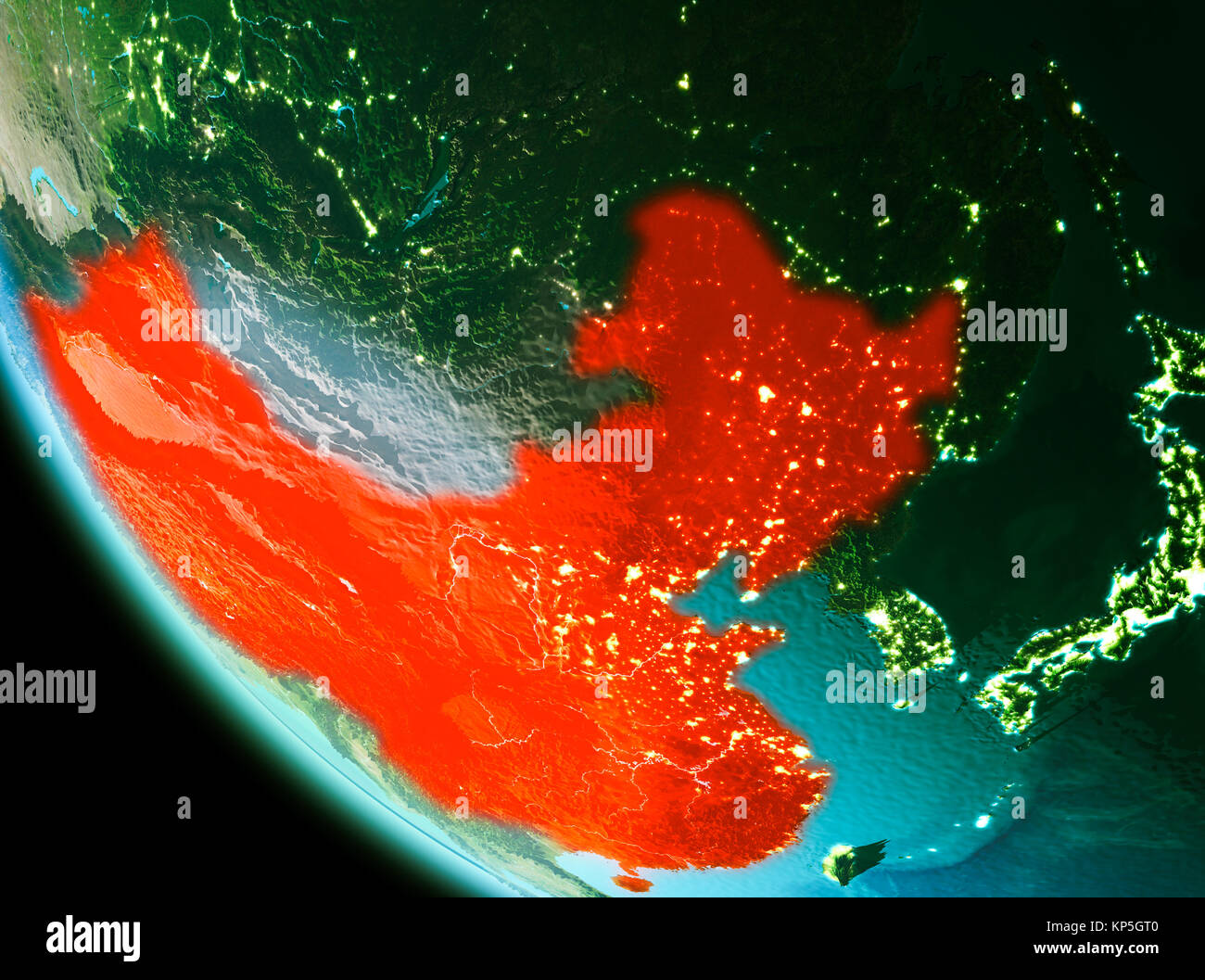 Country of China in red on planet Earth in the evening. 3D illustration ...