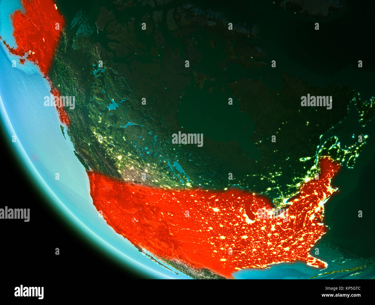 Country of USA in red on planet Earth in the evening. 3D illustration ...