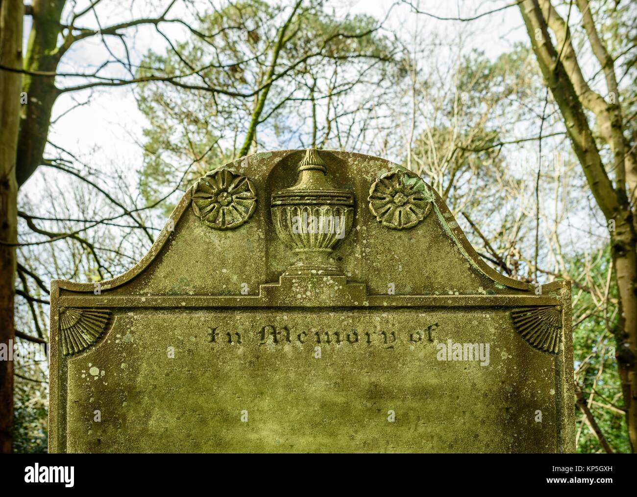 An old Gothic Victorian headstone covered in moss and algae Stock Photo ...