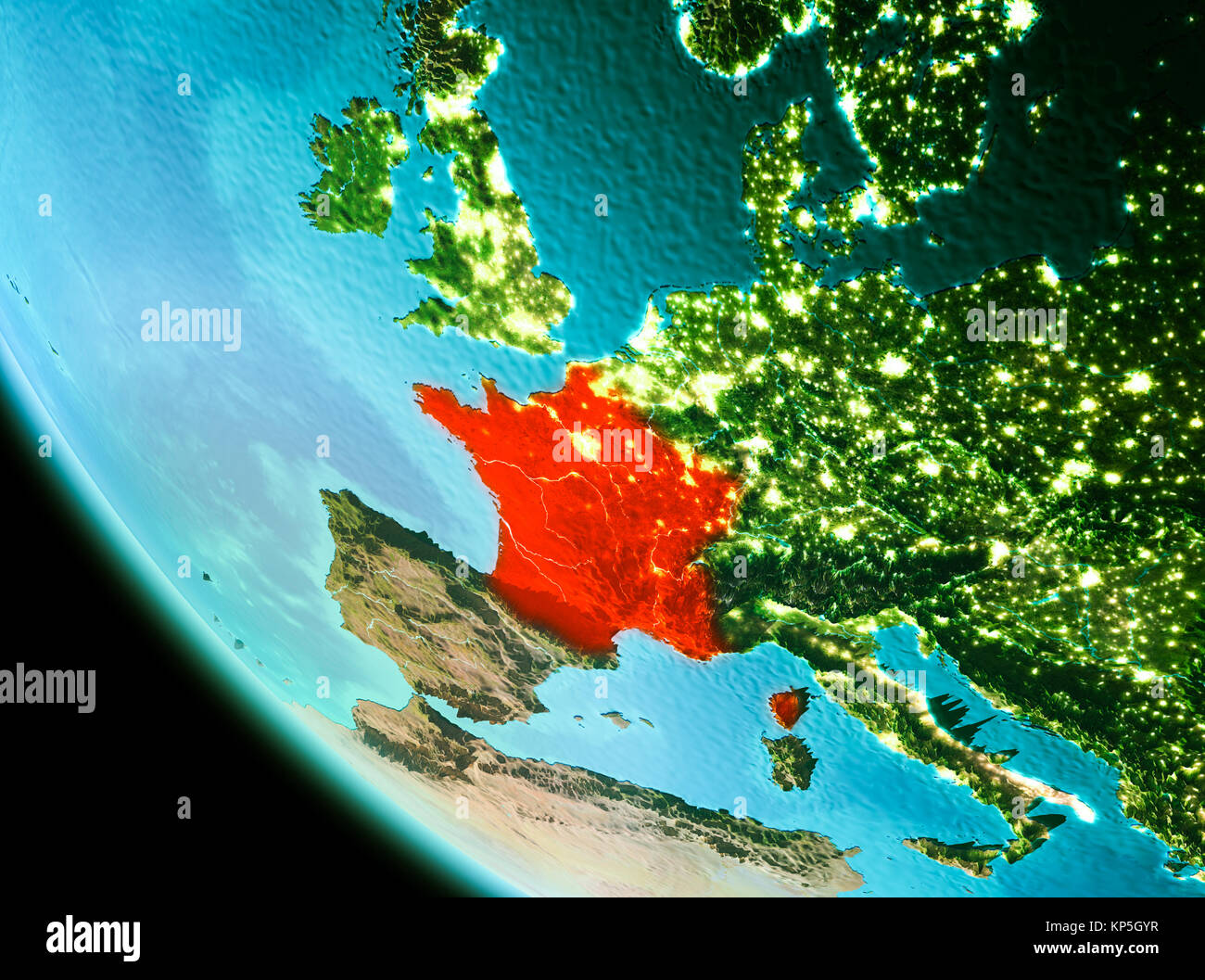 Country of France in red on planet Earth in the evening. 3D ...