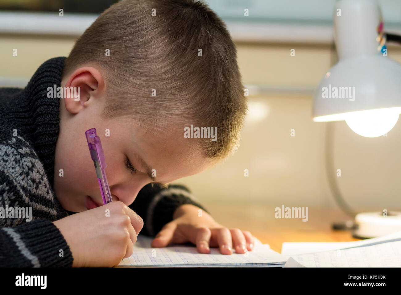 Child school age boy making his homework Stock Photo - Alamy