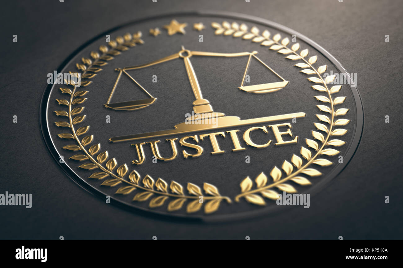 Scales of justice embossed symbol design with golden foil over black ...